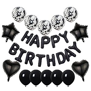 WEIKA 27 Pcs Black Birthday Decorations, 3D Foil Black Happy Birthday Balloon Banner, Pentagram Heart Foil Balloons Confetti Balloons Kit For Boys Girls Birthday Party Supplies