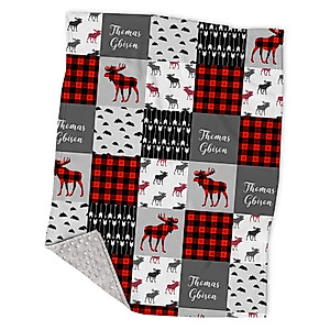 Woodland Deer Personalized Baby Blankets - Customized Name Nursery Soft Plush Minky Blankets for Girls Kids, Red Plaid Design Swadding Blankets Nursery Stroller Crib Receiving Blankets Infant Newborn
