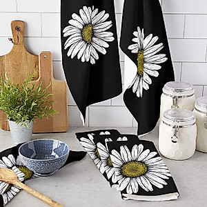 2 Pack Dish Towel for Kitchen,Absorbent Dishes Cloth Abstract White Daisy Flowers Soft Hand Towels for Home Cleaning Quick Drying Bathroom Cloths Terry Blossoms Garden Floral
