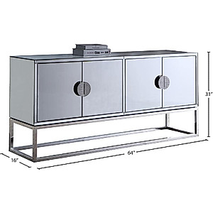 Meridian Furniture Marbella Collection Modern | Contemporary Mirrored Sideboard Buffet, Polished Chrome Stainless Steel Base, 64" W x 16" D x 31" H, Cabinet