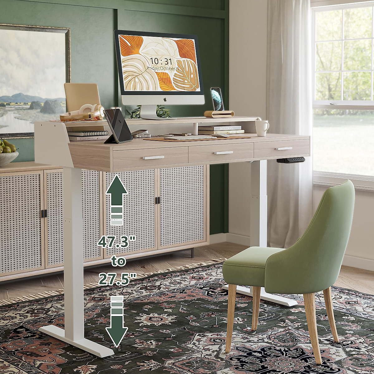 FEZIBO Height Adjustable Electric Standing Desk with Pencil Holder, 55 x 24 Inches Stand Up Desk, Sit Stand Desk with White and Light Rustic Top and White Frame