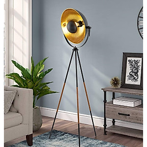 Kira Home Sulis 58" Modern Industrial Tripod LED Floor Lamp + 9W Bulb (Energy Efficient/Eco-Friendly), Leather Accent Legs, Satellite Style Shade, Black Finish