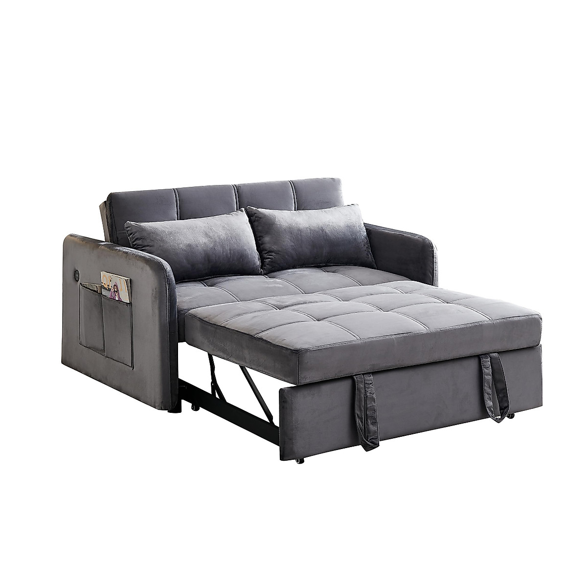 Convertible Sleeper Sofa Bed w/Pullout Bed 4-1 Multi-Functional Sofa Bed with Side Bags and USB Port Velvet Loveseat Futon Sofa Couch for Living Room or Apartments (Grey)
