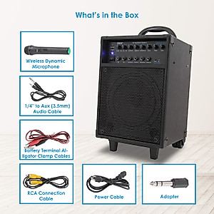 Pyle Wireless Portable PA System-400W Bluetooth Compatible Rechargeable Battery Powered Outdoor Sound Stereo Speaker Microphone Set w/Handle, Wheels-1/4 to AUX, RCA Cable (PWMA230BT)