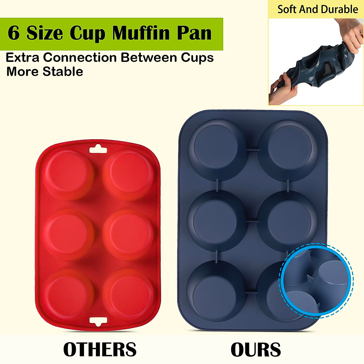 Vnray Silicone Muffin Baking Pan & Cupcake Tray 6 Cup - Nonstick Cake Molds/Tin, Large Silicon Bakeware, BPA Free, Dishwasher & Microwave Safe (6 Cup Size, Grey)