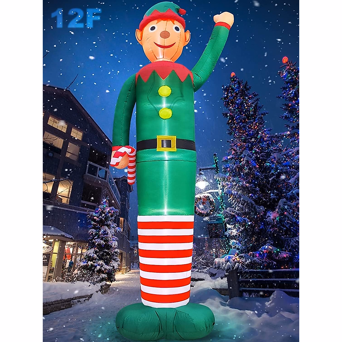 TURNMEON 12 Foot Giant Christmas Inflatable Elf, Christmas Decoration Outdoor Blow Up Elf Holds Candy Cane with Tethers Stakes LED Lighted Holiday Xmas Decoration Outside Yard Lawn Garden Home Party