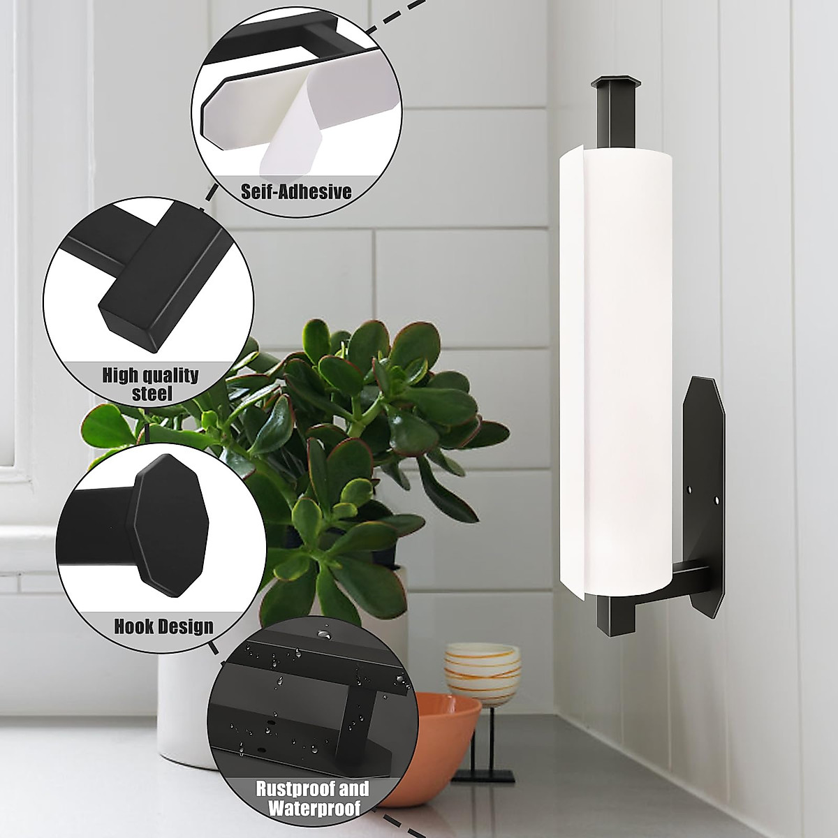 Paper Towel Holder Under Cabinet - Sturdy 304 Stainless Steel Kitchen Paper Towel Holder Wall Mount, Drilling or Self Adhesive Paper Towel Holder for Kitchen, Bathroom, Black