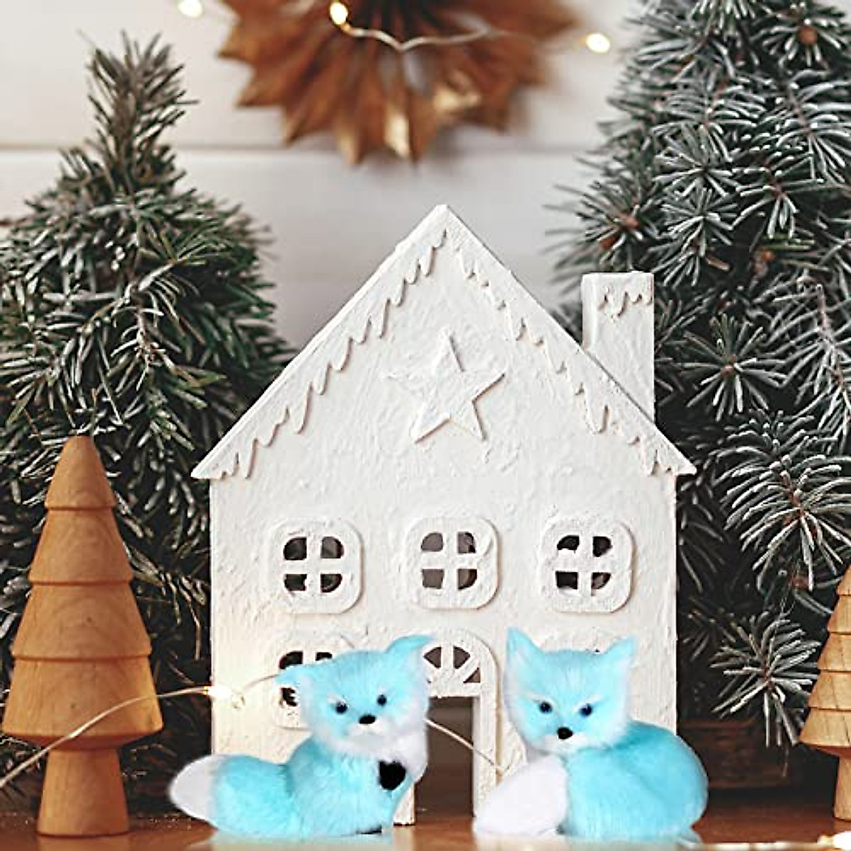 2-Piece Blue Mini Fox Simulation Toy Figures - Fur-Stuffed, Standing & Sitting Plush Action - for Home, Office & Bag Decoration (3.94x3.54 in, 3.15x2.75 in)