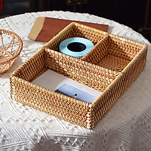 IMIKEYA Rattan Storage Basket Desk Organizer 3- Compartment Wicker Organizer Tray Rattan Crate Decorative Cosmetics Holder Boxes Jewelry Storage Case for Ladies Countertop