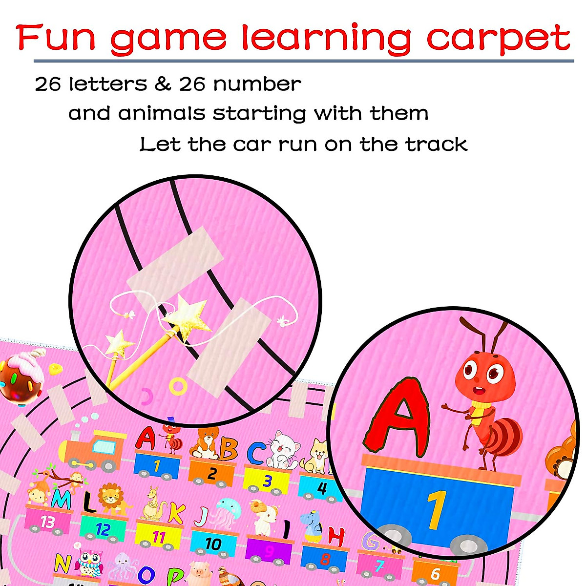 DoRlPIeY Kids ABC Pink Play Rug, Girl Alphabet Rugs with Numbers Animal Train and Road Shapes Learning Fun Educational Carpet, Playmat for Kid Bedroom Playroom 31x47 in Small Pattern