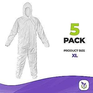 AMZ Disposable Coveralls with Hood, X-Large. Pack of 5 White Microporous Lab Coveralls Disposable. 60 GSM Painters Suit Disposable with Storm Flap Zipper Cover. Painters Suit Disposable. Hazmat Suit