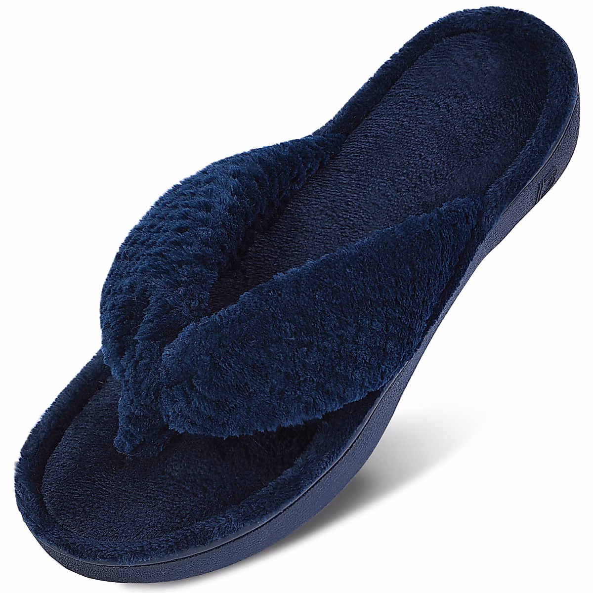 DL Women's Flip Flop Memory Foam Slippers with Cozy Terry Lining Soft Thong Slippers Slip on House Shoes with Indoor Outdoor Arch Support Rubber Sole, Navy, 9-10