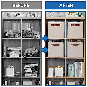 Temary 11x11 Storage Cubes Fabric Storage Cubes Storage Bins with Dual Leather Handles Canvas Storage Boxes for Organizing Home, Office, Nursery, Shelf, Closet (Beige, 11 x 11 x 11)