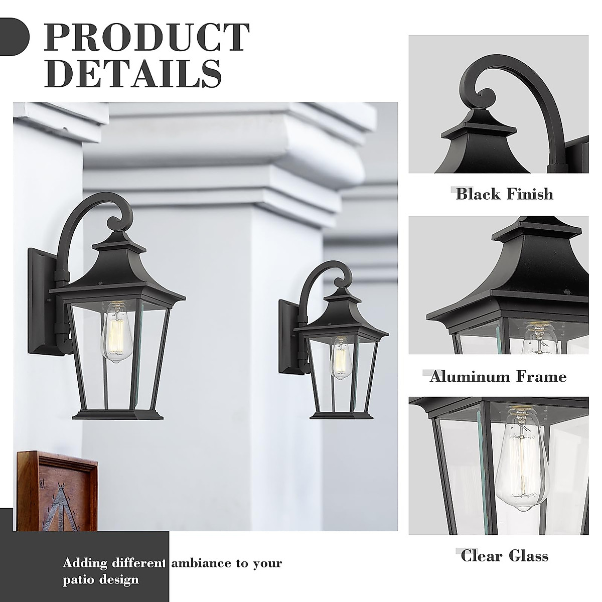 Emliviar Outdoor Wall Lantern, 1-Light Exterior Wall Mount Light with Clear Glass in Black Finish, 18" Height, 500181