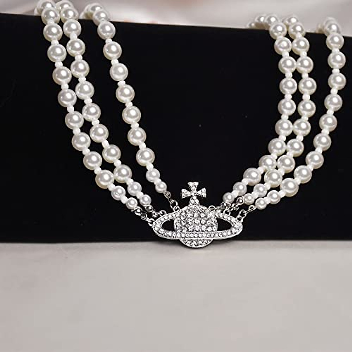 Saturn Pearl Necklace White Pearl Choker Necklace for Women Crystal Rhinestone Planet Necklace Gifts for Mum Wife Girlfriend Wedding Birthday Anniversary (silver, Zinc Alloy)