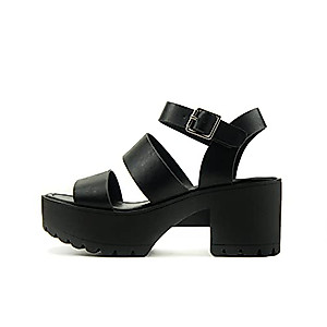 Soda ACCOUNT ~ Women Open Toe Two Bands Lug sole Fashion Heel Sandals with Adjustable Ankle Strap (Black, numeric_7)