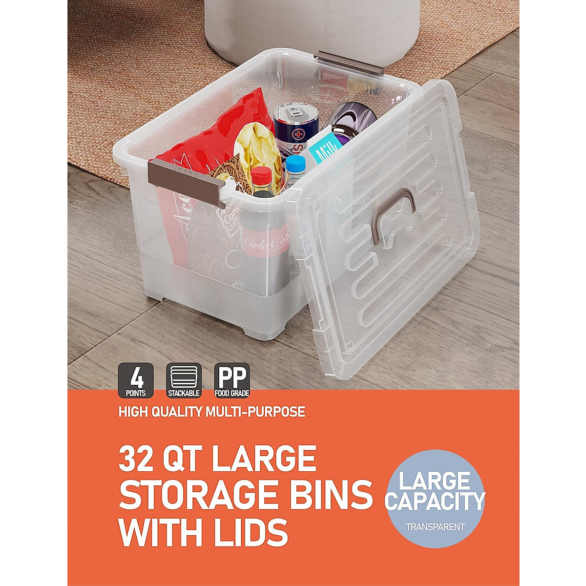 WYT 32 Qt Plastic Storage Bin Organizing Container with Durable Lids and Latching Buckle, Tote Box Stackable and Nestable, 4-Pack