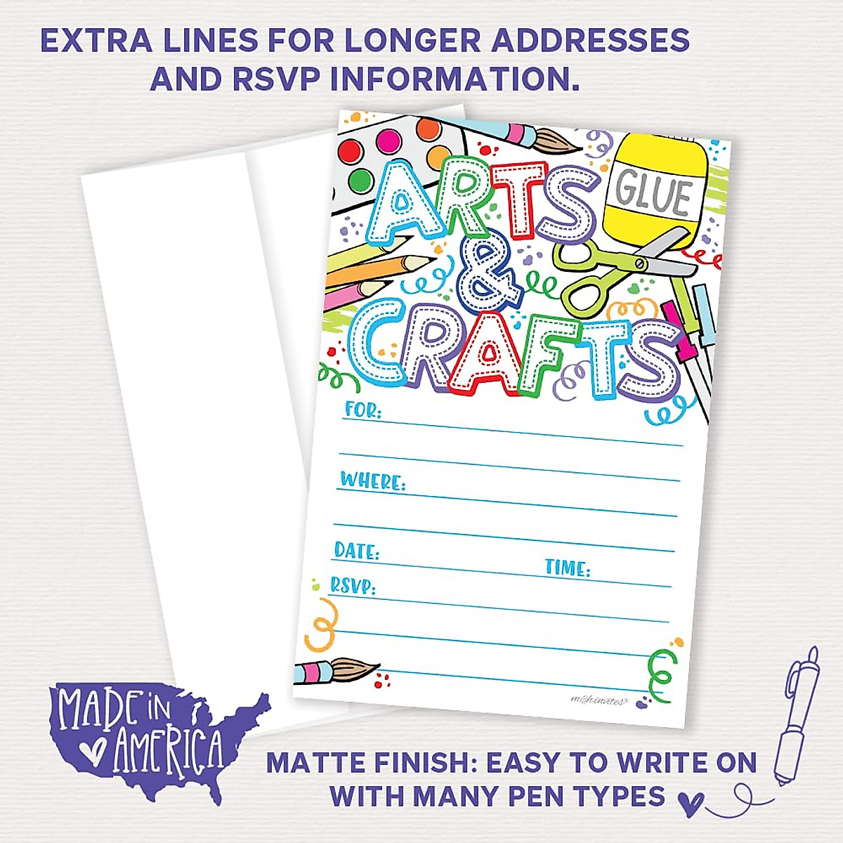 Arts & Crafts Invitations - Art Birthday Party - 4x6 Invites (20 Count) With Envelopes - Craft Party, Art Party or Paining Party Invitations