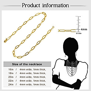 PICKBEAU 18K Gold Plated Paperclip Chain Necklace for Women 3.0MM Gold Chain Necklace, Chain Link Necklace for Men Women Unisex Multiple Length Size-18in
