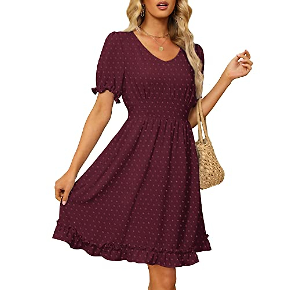 OFEEFAN Ladies Summer Dresses Puff Sleeve Summer Swiss Dot Dress for Women Wine Red L