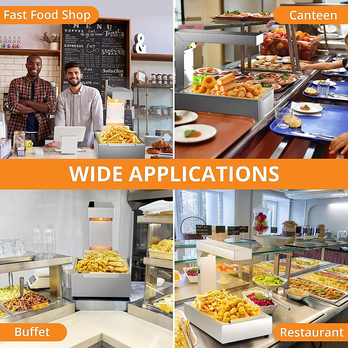 Commercial Food Heater, Fried Food Heater, Portable Food Heater, Fried Chicken Heater, Stainless Steel, with Heating lamp, 1000W, with Removable Curved Drain pan, Suitable for Commercial and Home use