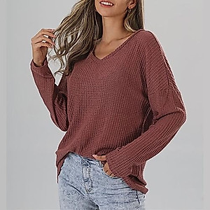 Deals of The Day Clearance Women's Tops Oversized v-Neck Long Sleeve Solid Color Shirts Waffle Knit Casual Loose 2023 Trendy Tees Shirt Wine M