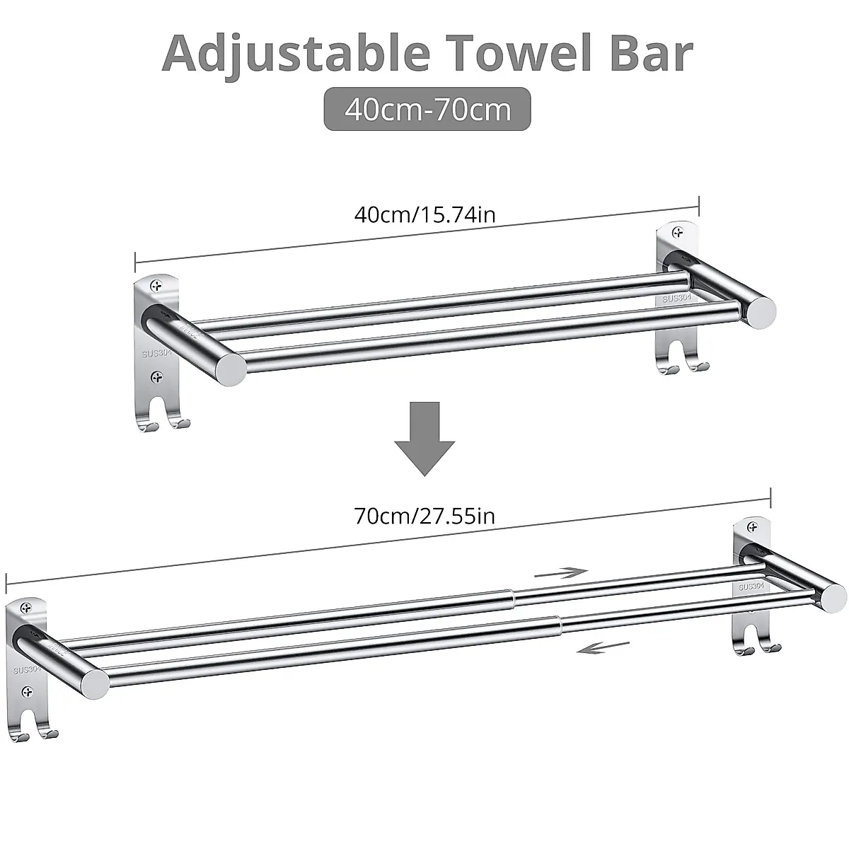 Tanice Double Towel Rail, Stainless Steel Towel Rail Retractable 40-70 Cm/15.75-27.56 Inch Towel Rack Wall Mounted with Screws for Bathroom and Kitchen