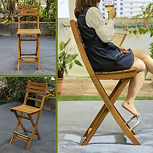 INTERBUILD REAL WOOD Acacia Hardwood Foldable Sofia Bar Height Chair with Foot Rest, 26" Tall, 2 Piece Set - Golden Teak