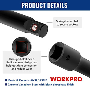 WORKPRO 18-Pieces Drive Tool Accessory Set, Includes Socket Adapters, Socket Extension Bar, Swivel Universal Joints and Impact Coupler, 1/4", 3/8" & 1/2" Drive