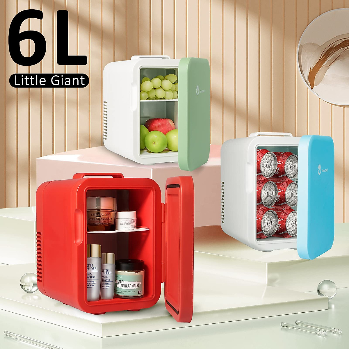 FavorCOOL Mini Skincare Fridge, 6 Liter/6 Cans Small Refrigerator Cooler Warmer 110V AC/ 12V DC Personal Fridge for Bedroom, Beverage, Makeup