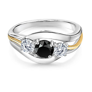 Gem Stone King 925 Sterling Silver and 10K Yellow Gold Round Black Onyx and White Moissanite 3 Stone Ring For Women (0.94 Cttw, Available In Size 5, 6, 7, 8, 9)
