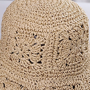 Women Straw Sun Hat Floral Woven Crochet Bucket Hat Y2k Aesthetic Accessories Beach Hat Hand Woven Boho Foldable Cap (Beige,One Size)