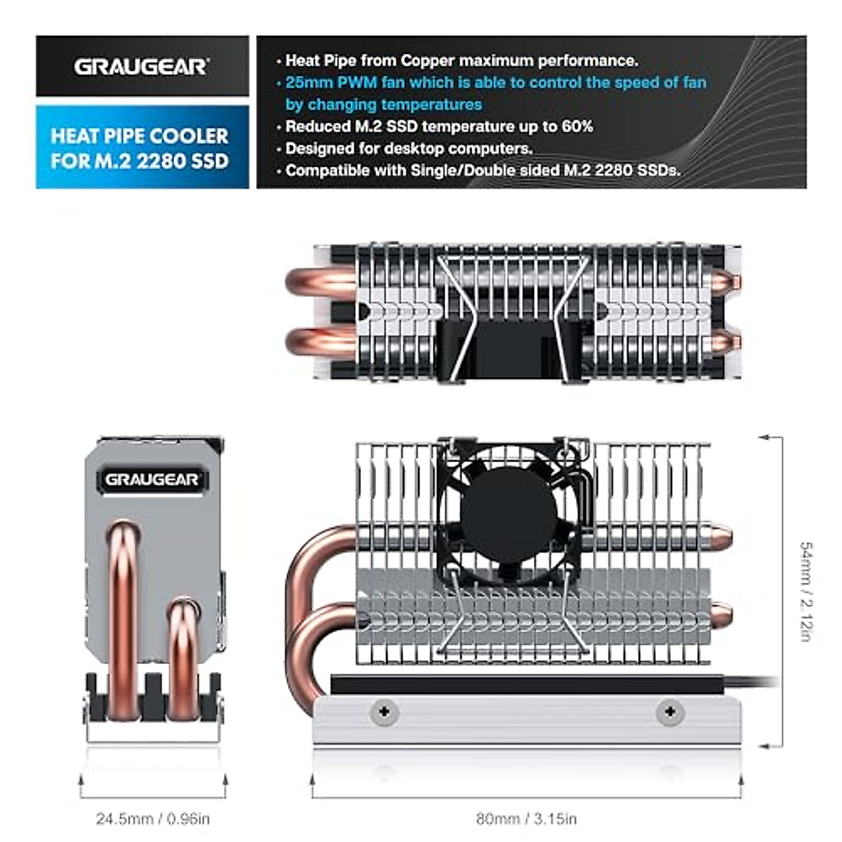 GRAUGEAR M.2 2280 SSD Heatsink, Direct-Touch Heat of Dual Copper Heat Pipes, 25 mm Cooling Fan Built-in PWM Control, Aluminum Plate-Fin Design, Thermal Pads incl. Cooler for M.2 NVMe/SATA[G-M2HP04-F]