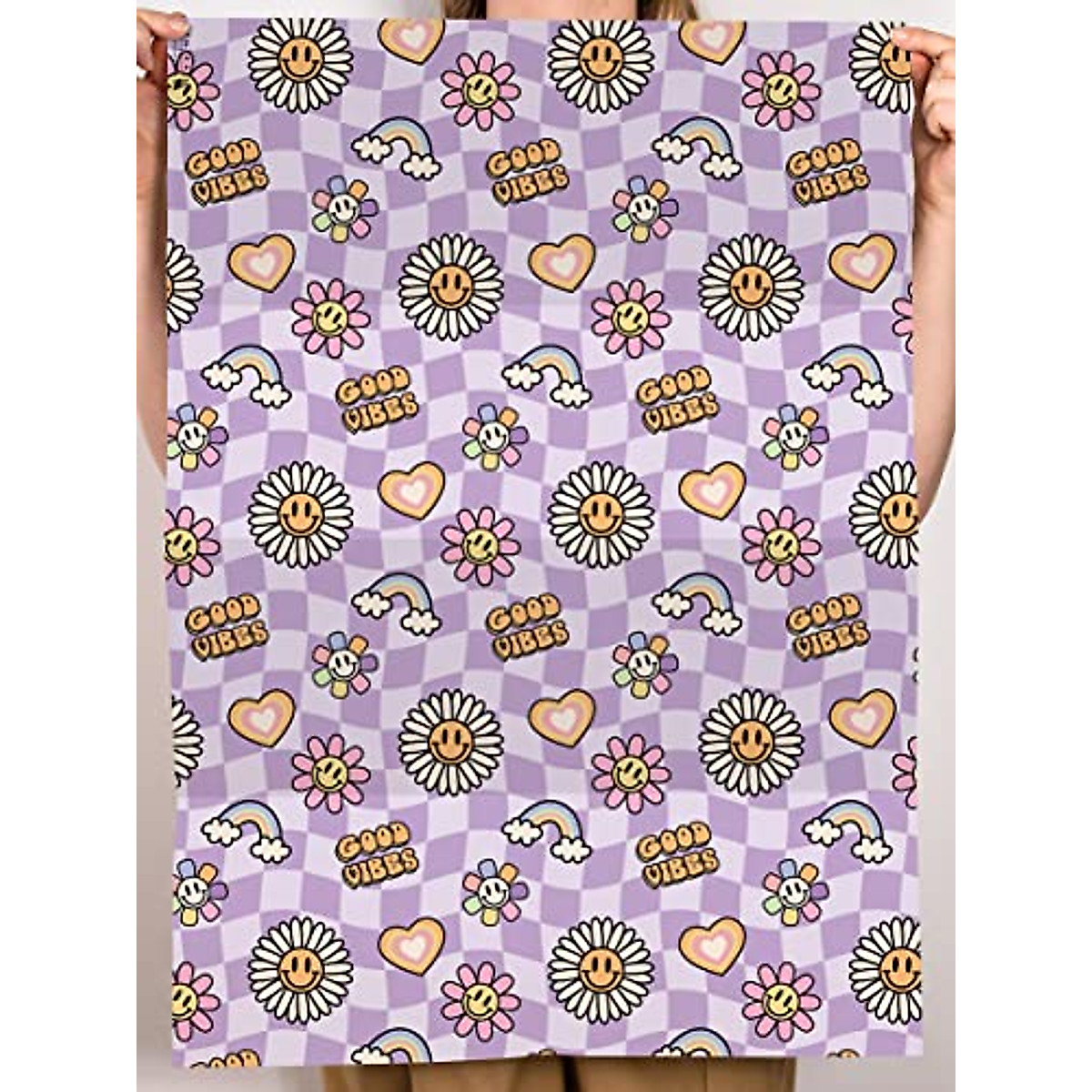 CENTRAL 23 Purple Wrapping Paper - Boho Birthday Wrapping Paper - 'Good Vibes' - 6 Sheets Gift Wrap - For Teens Gen Z Girls - Daisy Rainbow Funky - Comes With Fun Stickers