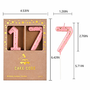 CAKE CODE 2.76 Inch Classical Pink Gold 17 Number Birthday Candles, Gold Number Candles, Cake Number Candles, Party Celebration