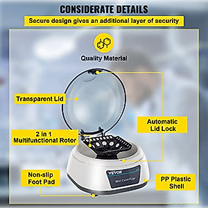 VEVOR Centrifuge Machine, 7000RPM Lab Centrifuge Machine Max. 3286xg RCF Scientific Mini Centrifuge with 2 in 1 Rotor for Lab Hospital College, fits 0.2/0.5/1.5/2mL Tubes, 0.2/0.5mL Adapters Included