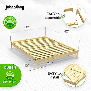 Queen Size Natural Solid Wood Platform Bed Frame Without Headboard — Foundation Bedframe | Easy Assembly Wooden Slats | No Box Spring Needed | Rustic Pine 60 x 80 — Springfield Collection