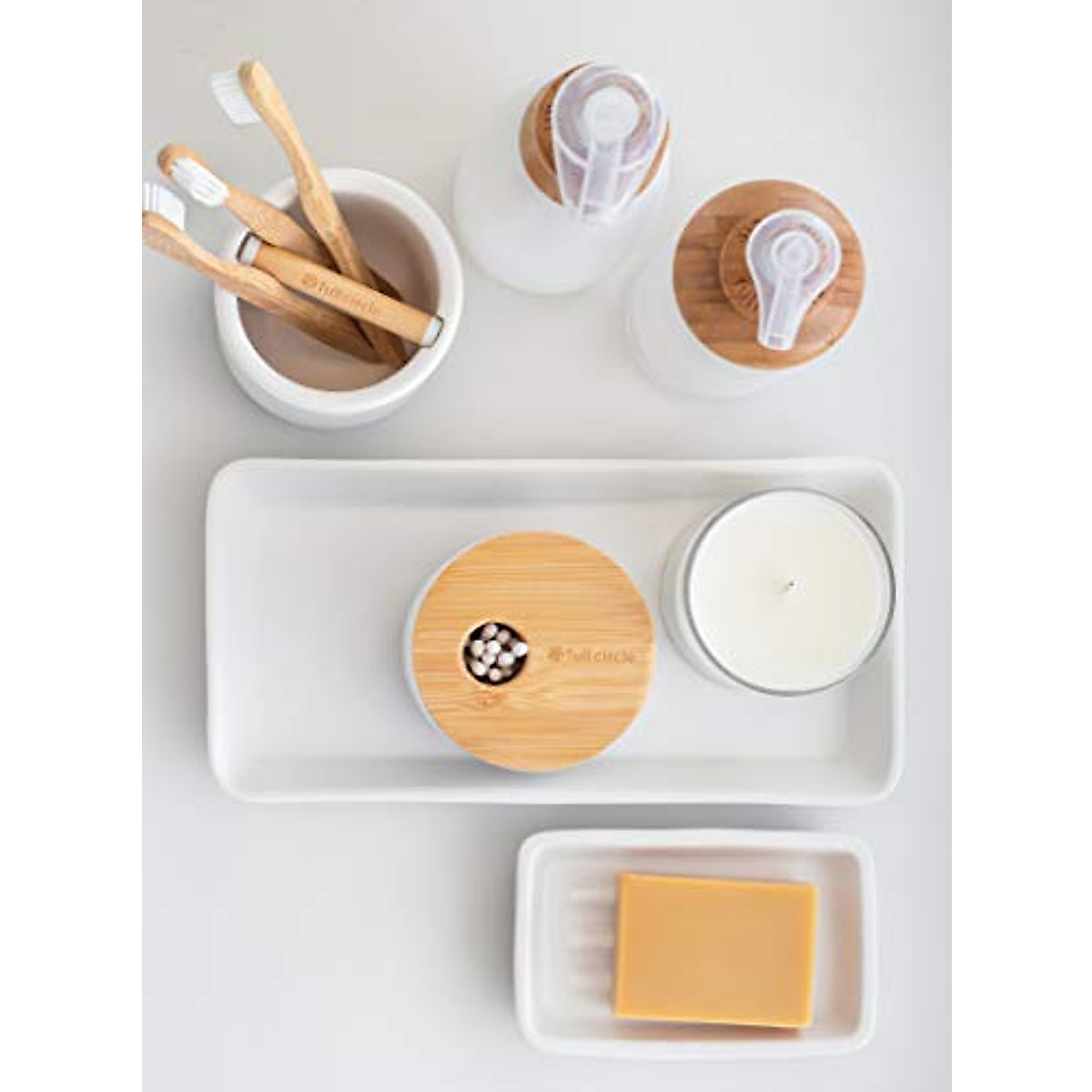 Full Circle Keep It Clean Ceramic & Bamboo Toothbrush Holder, White, Dry Earth Disk