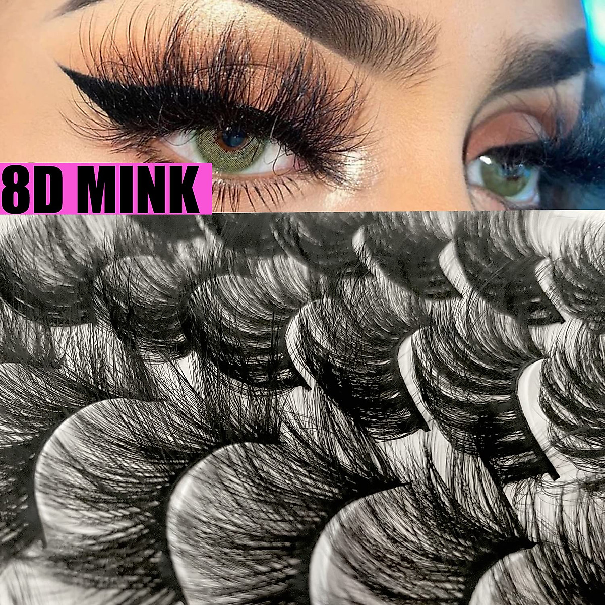 Faux Mink Lashes 25mm 6D Natural Long Fluffy Mink Fur False Eyelashes Cat-Eye Wispy Lashes Volume 20 pairs