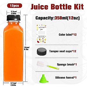 ztarraum 12pcs 12oz Plastic Juice Bottles, Reusable Juice Containers with Black Tamper Proof Lids, Brush, Funnel and Labels, Clear Juice Containers for Juicing, Smoothie and Homemade Beverages
