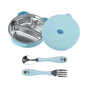 ufengke Stainless Steel Baby Feeding Bowl, Toddler Suction Plate with Lid Spoon and Fork, Perfect for Children (Blue)