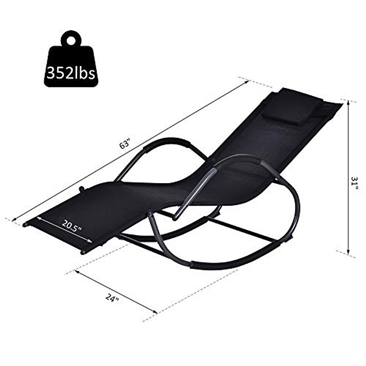Outsunny Outdoor Rocking Chair, Chaise Lounge Pool Chair for Sun Tanning, Sunbathing Rocker, Armrests & Pillow for Patio, Lawn, Beach, Large, Black