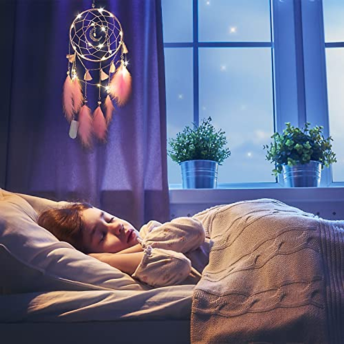 Nice Dream Pink Dream Catchers, Room Nursery Decor for Girls Boys, Handmade Feather Wall Decor with Lights, Home Ornaments Craft Gift for Bedroom