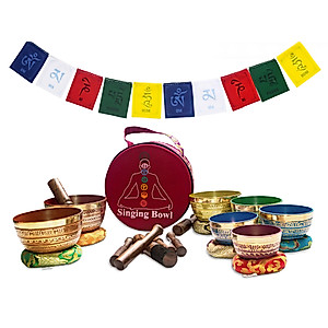 Khusi Tibetan Singing Bowl Set of 7, Handmade, 7 Colors Singing Bowl, Chakra healing, Relaxation, Stress Relief and Spiritual Singing Bowl, Comes w/silk cushions, 4 sticks and Brocade Box