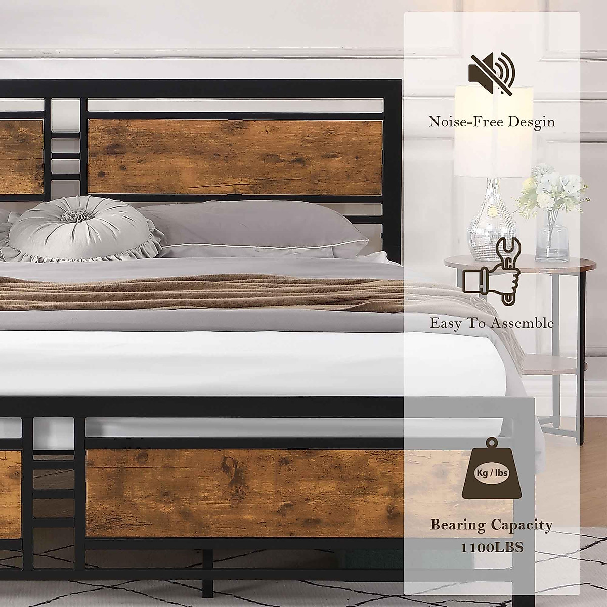 RIDFY Queen Bed Frame with Industrial Headboard and Footboard, Heavy Duty Platform Bed Frame with Under-Bed Storage, Mattress Foundation, Metal Slat Support, Noise-Free, No Box Spring Needed
