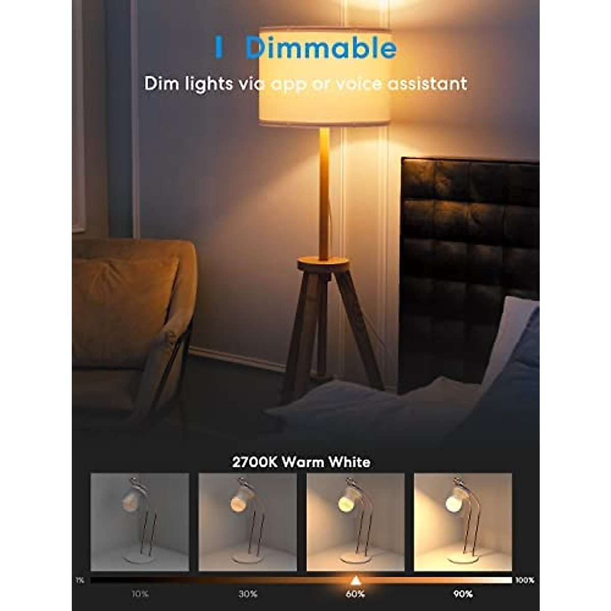 meross Smart Light Bulb, Dimmable WiFi LED Bulb Compatible with Apple HomeKit, Siri, Alexa, Google Home, SmartThings, A19 E26 Warm White 2700K, 810 Lumens 9W 60W Equivalent, No Hub Required, 4 Pack