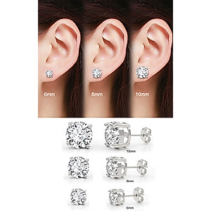 925 Sterling Silver Uninsex 3mm - 10mm Round Clear Cubic Zirconia CZ Rhodium Stud Earrings, Giorgio Bergamo (6,8,10mm)