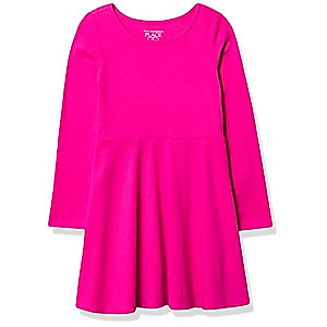 The Children's Place Girls' and Toddler Solid Long Sleeve Skater Dress, Aurora Pink Single, X-Small