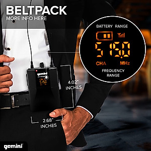 Gemini Sound GMU-HSL100 Professional Wireless Headset Lavalier Rechargeable Battery Powered Microphone with Instant Plug & Play Connectivity for DJ's, Singers, Public Speakers with Body Pack