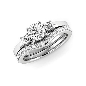 Near 1.00 Carat Diamond 14k Gold Engagement Ring Set For Women 3 Stone Bridal Ring Set 0.33cts Solitaire Round Diamond Pave Set Anniversary Wedding Bands (Color HI/Clarity I1-2) (white gold)